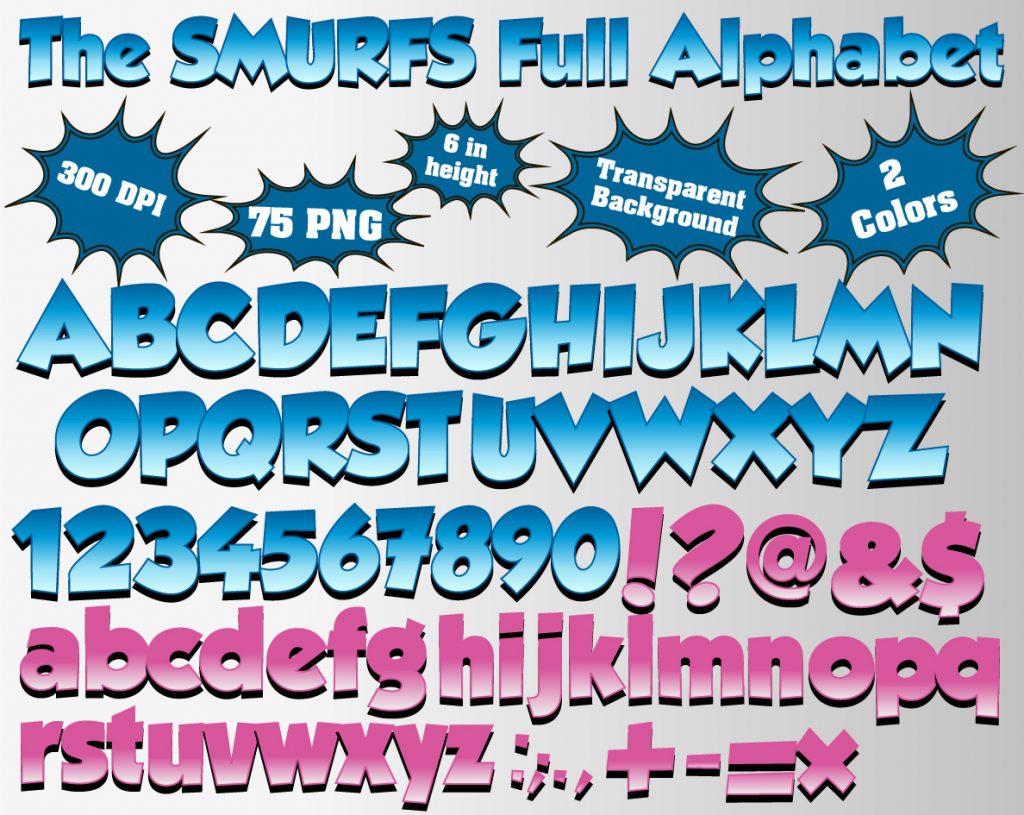 The Smurfs Full Alphabet, Numbers and Symbols | 150 PNG | 300 dpi ...